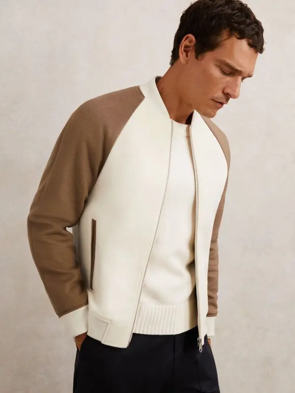 REISS Rylan Colour-block Bomber Jacket - Off White/oatmeal