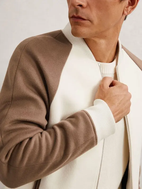 REISS Rylan Colour-block Bomber Jacket - Off White/oatmeal