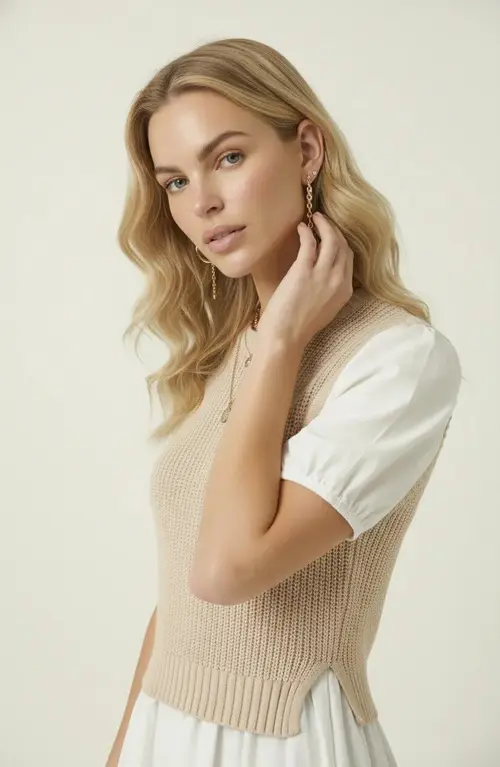 MODENAIRE Ribbed Sleeveless Sweater Dress With Puff Sleeves