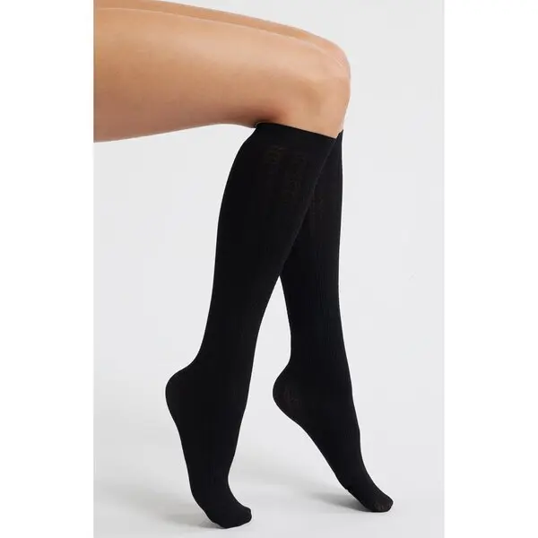 Hue Cable Knit Knee High Socks - Black