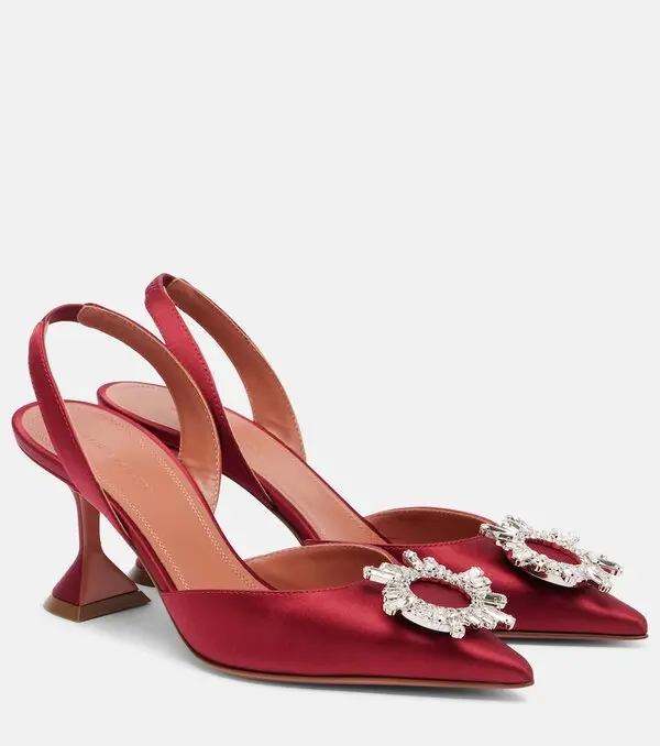 Amina Muaddi Begum 70 Embellished Satin Slingback Pumps - Red