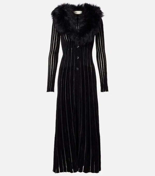 Blumarine Shearling-trimmed Striped Cardigan - Black