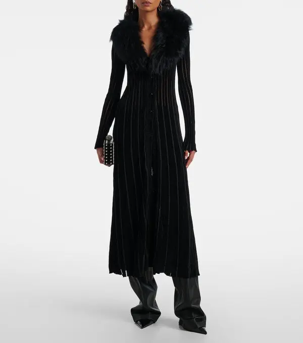 Blumarine Shearling-trimmed Striped Cardigan
