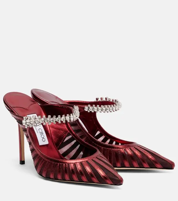 JIMMY CHOO Bing 100 Metallic Leather And Mesh Mules - Red