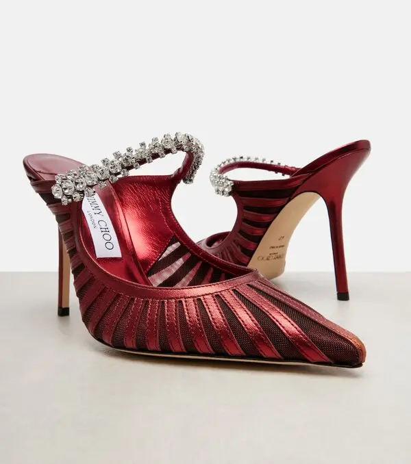 JIMMY CHOO Bing 100 Metallic Leather And Mesh Mules - Red