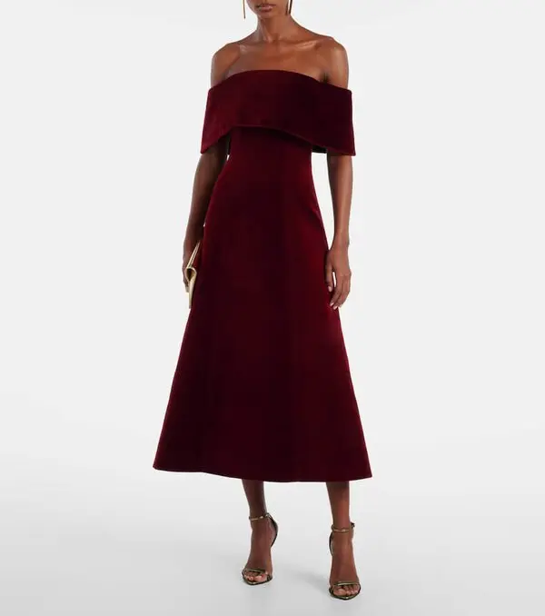 Emilia Wickstead Carita Off-Shoulder Midi Dress In Burgundy | Editorialist