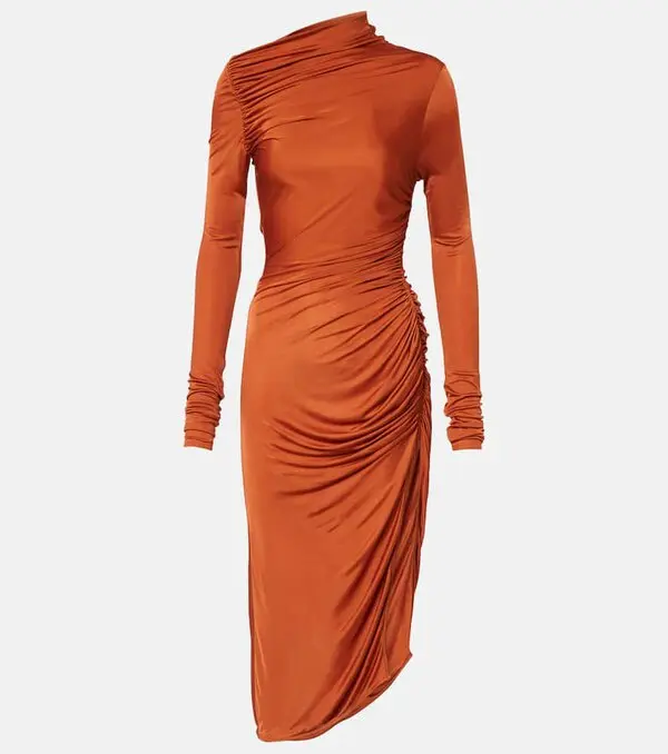 Rick Owens Svita Ruched Satin Jersey Midi Dress - Orange