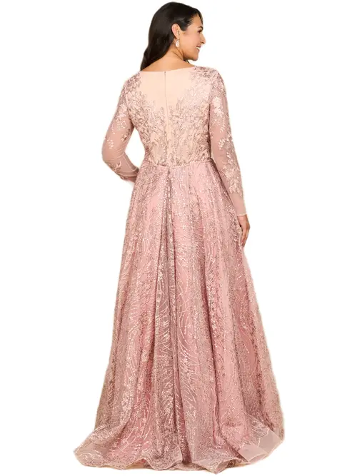 LARA NEW YORK Lace Gown With Overskirt And Illusion Neckline - Blush