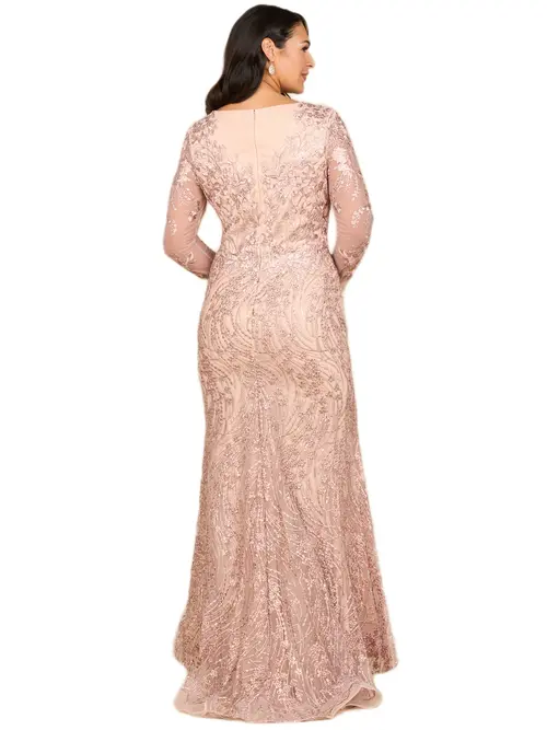 LARA NEW YORK Lace Gown With Overskirt And Illusion Neckline - Blush