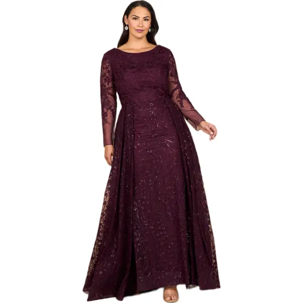 LARA NEW YORK Lace Gown With Overskirt And Illusion Neckline - Wine