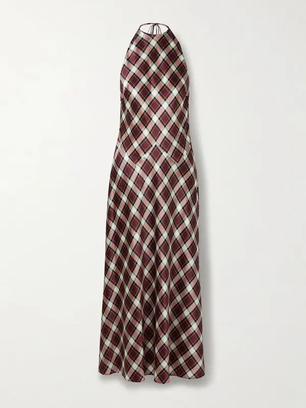 DÔEN Maxime Checked Silk-satin Halterneck Maxi Dress