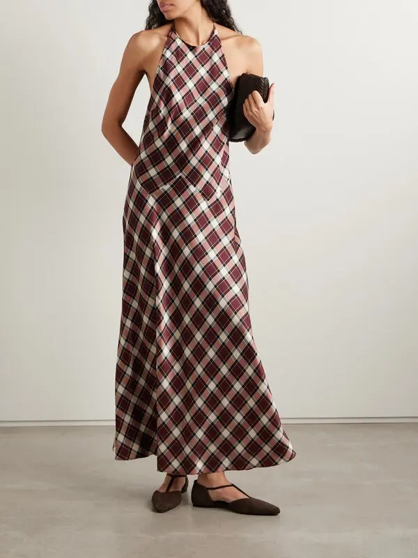 DÔEN Maxime Checked Silk-satin Halterneck Maxi Dress