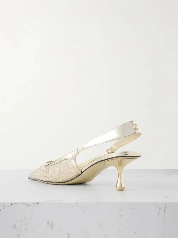 JIMMY CHOO Amel 50 Mirrored Leather-trimmed Crystal-embellished Mesh Slingback Pumps - Gold