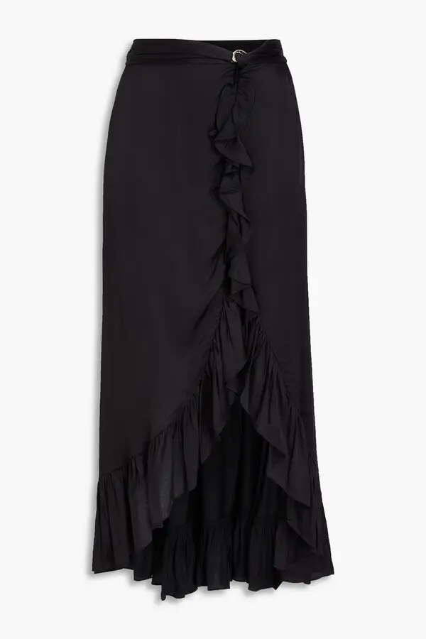 Maje Satin Ruffled Midi Skirt