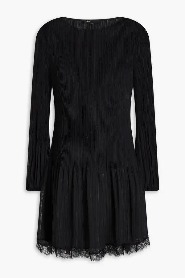 Maje Lace-trimmed Plissé-organza Mini Dress