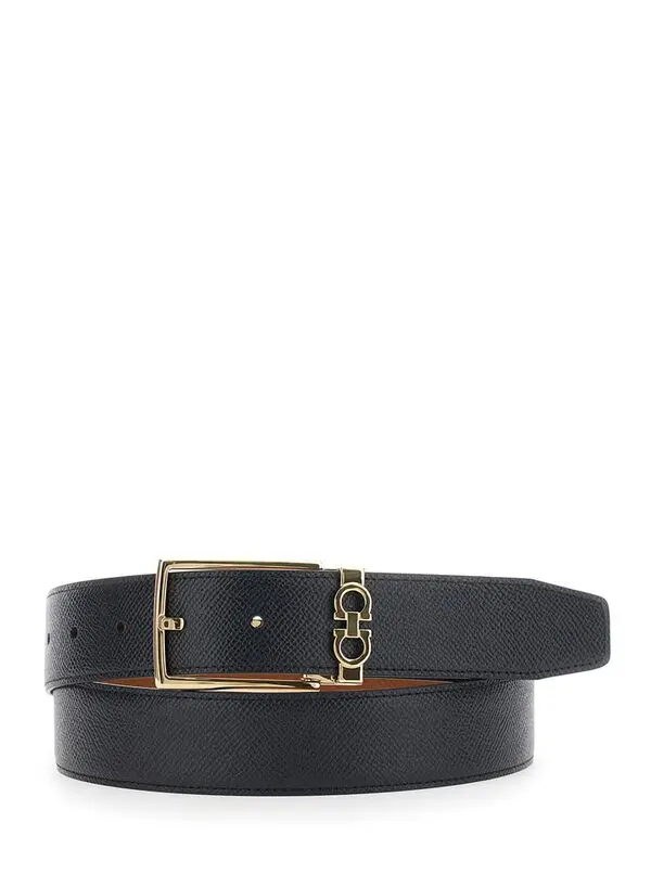 FERRAGAMO Reversible Grained Leather Belt With Gancini Buckle - Black