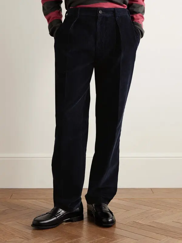 DRAKE'S Tapered Pleated Cotton-corduroy Trousers - Blue