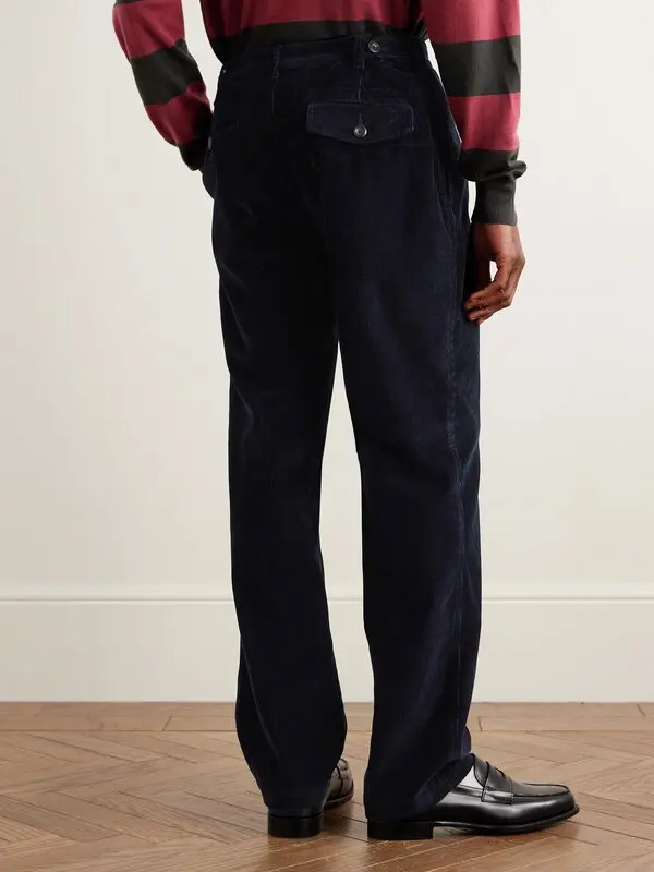 DRAKE'S Tapered Pleated Cotton-corduroy Trousers - Blue