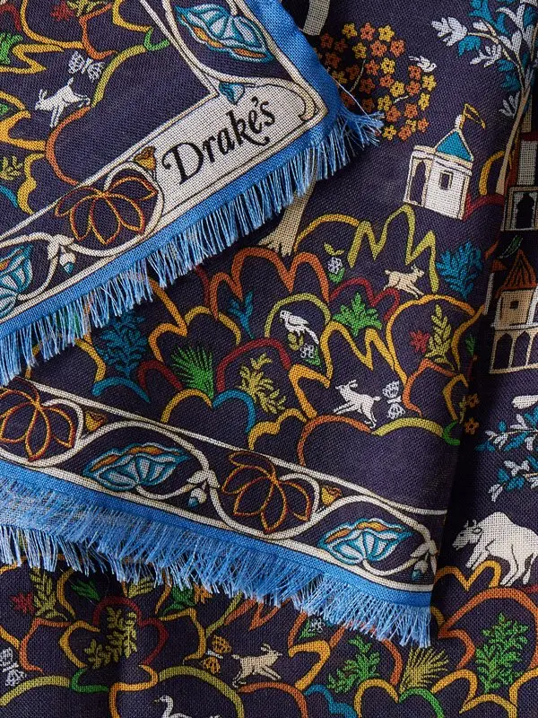 DRAKE'S Frayed Printed Wool And Silk-blend Scarf