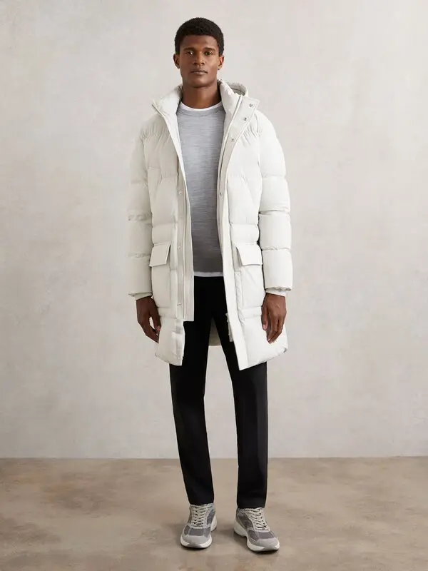 REISS Quilted Longline Puffer Jacket - Light Stone