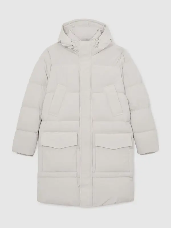 REISS Quilted Longline Puffer Jacket - Light Stone