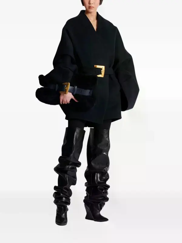 Balmain Belted Wrap Coat - Black