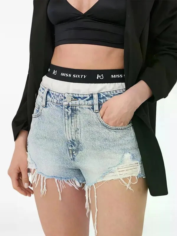 Miss Sixty Logo-band Frayed-hem Denim Shorts - Blue