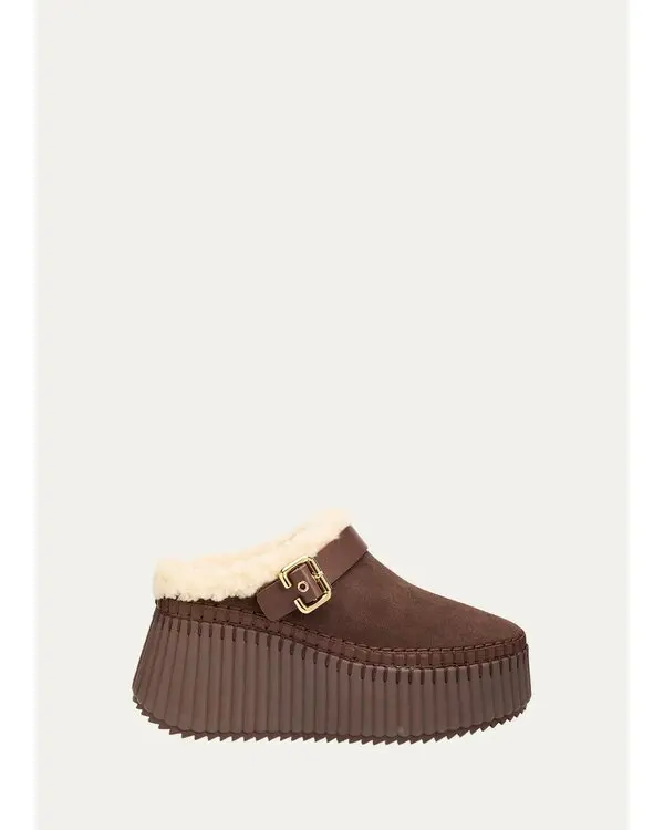 Chloé Nama Suede Shearling-lined Platform Clogs - Sharp Brown