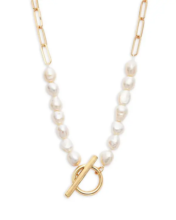 Aqua Imitation Pearl Paperclip Link Toggle Necklace - Gold/white