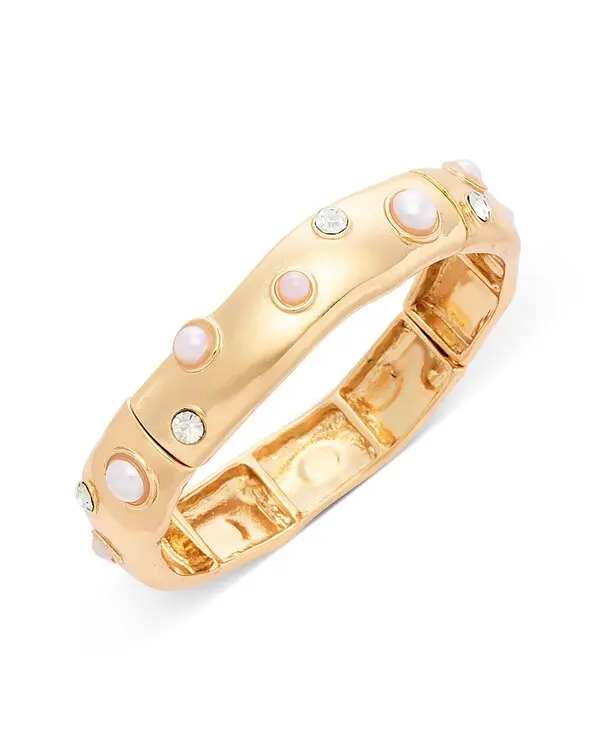 Aqua Cubic Zirconia And Imitation Pearl Bangle Bracelet - Gold