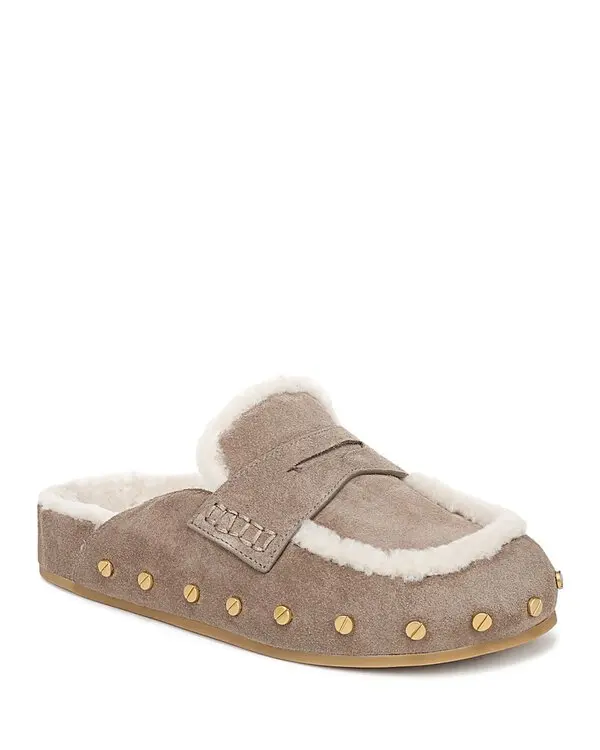 Veronica Beard Fenix Shearling Clogs - Bark Ecru
