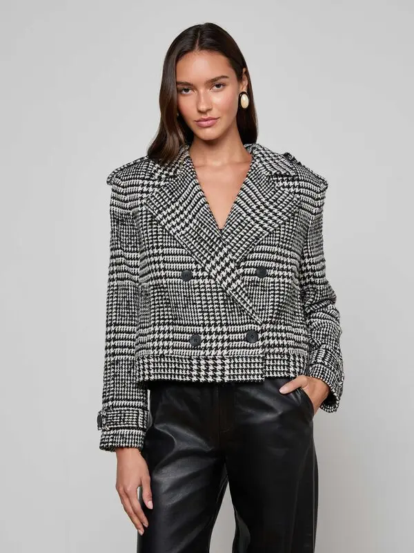 L'Agence Xoey Cropped Trench Coat - Black/ivory Glen Plaid