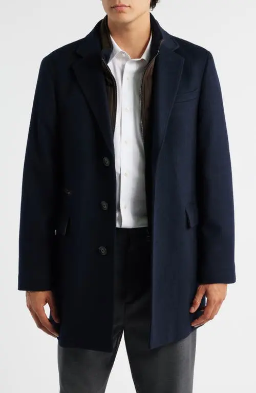 Hart Schaffner Marx Ellington Wool And Cashmere Overcoat With Quilted Faux Suede Bib - Navy