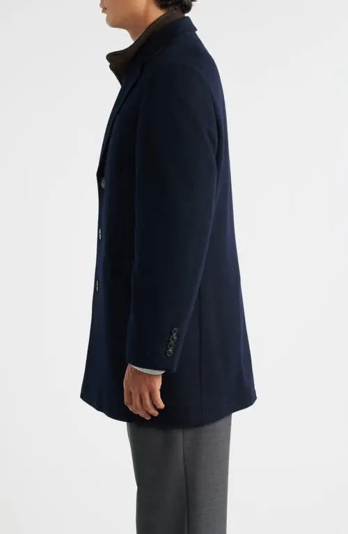 Hart Schaffner Marx Ellington Wool And Cashmere Overcoat With Quilted Faux Suede Bib - Navy