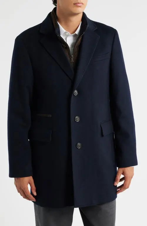 Hart Schaffner Marx Ellington Wool And Cashmere Overcoat With Quilted Faux Suede Bib - Navy