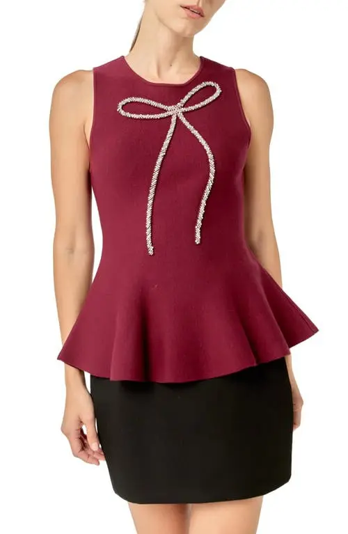 English Factory Rhinestone Bow Peplum Top - Wine