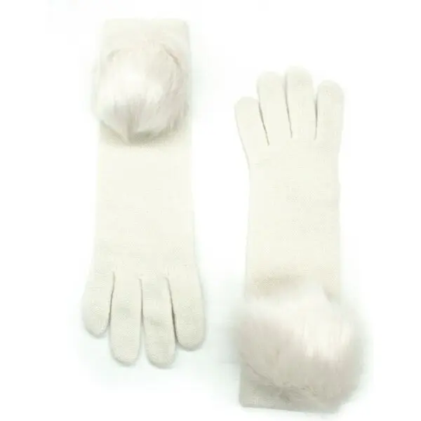 Portolano Cashmere Gloves With Faux Fur Poms - White