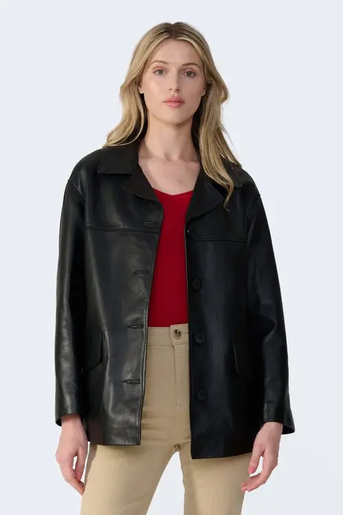 FURNIQ UK Colette Genuine Leather Shirt Jacket - Black