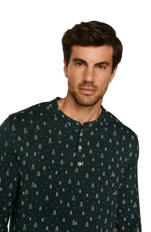 Eberjey Henry Print Jersey Long Pajamas - Winter Pine/ivory
