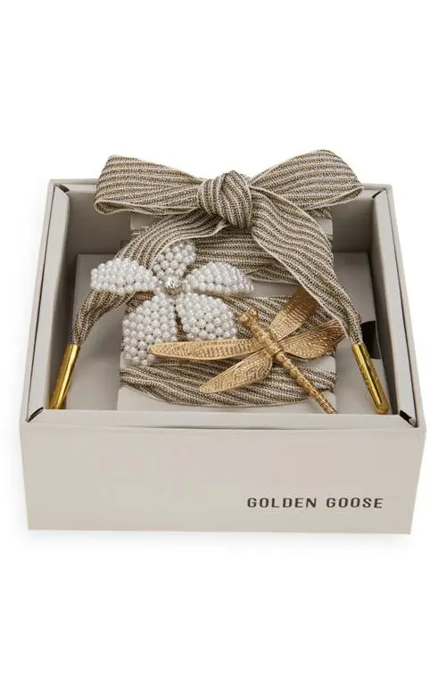 GOLDEN GOOSE Skins Stripe Faux Pearl Floral & Dragonfly Charm Shoelaces - White/gold