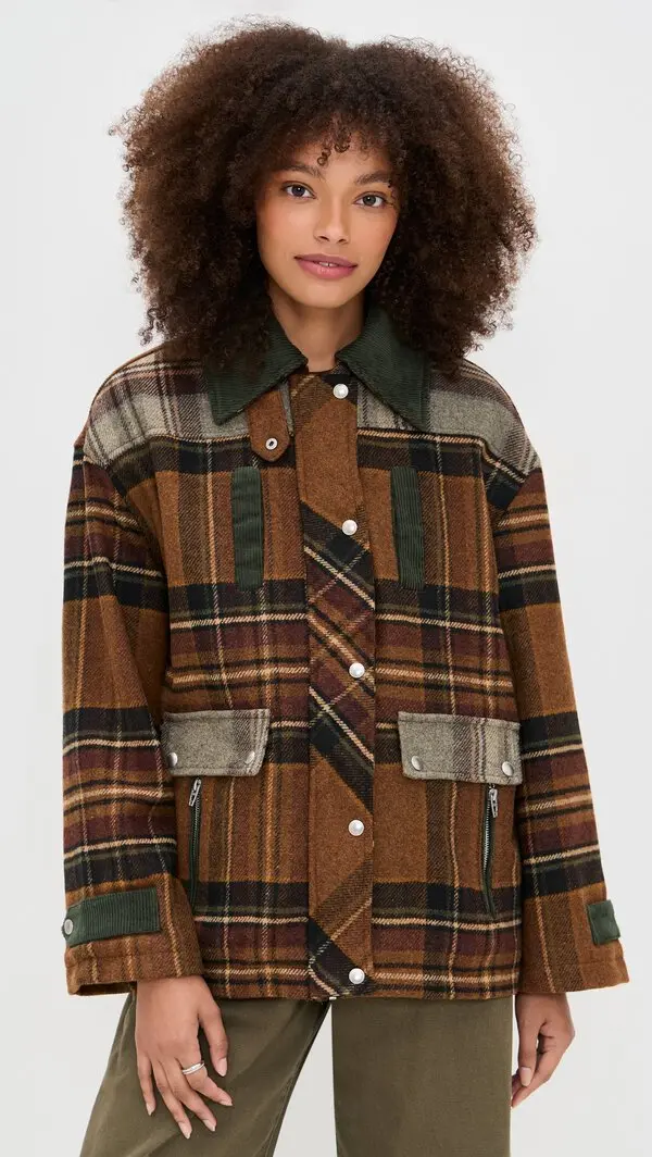 Blanknyc Plaid Fleece Shacket With Corduroy Trim
