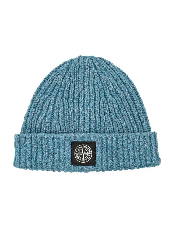 Stone Island Mouliné Wool Beanie With Compass Logo - Blue