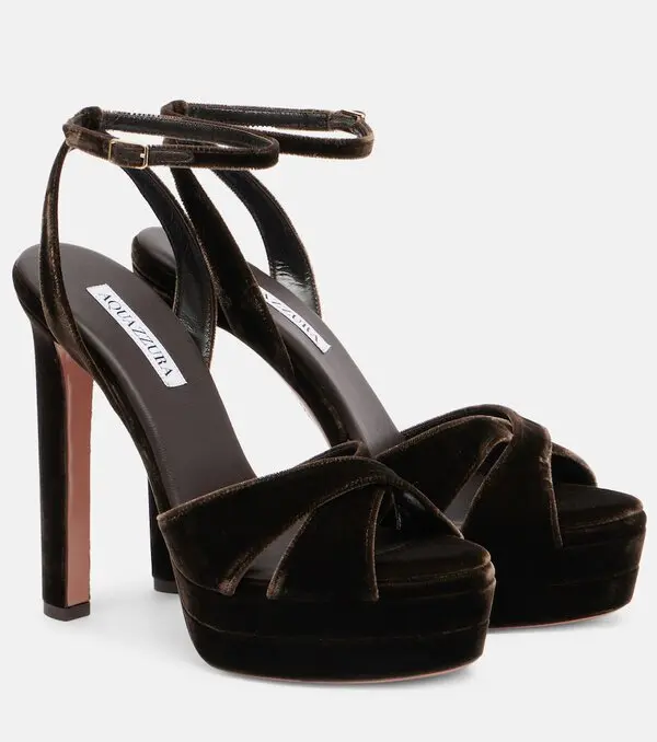 AQUAZZURA Divine 130 Velvet Platform Sandals - Brown