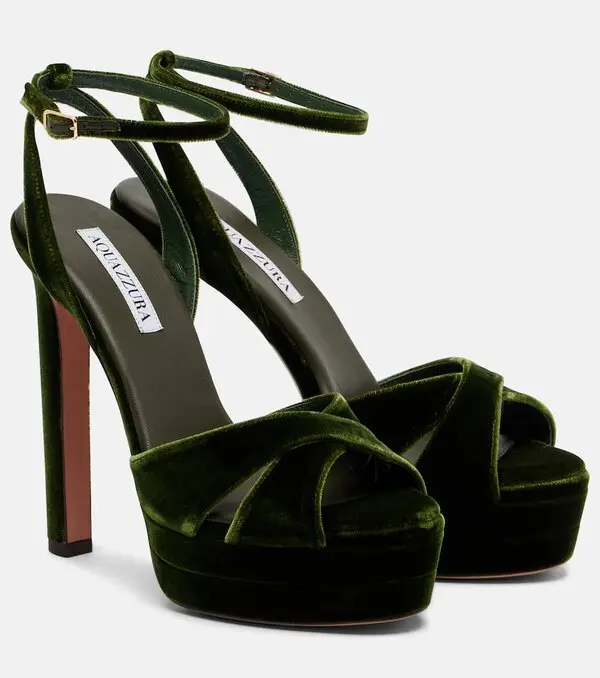 AQUAZZURA Divine 130 Velvet Platform Sandals - Green