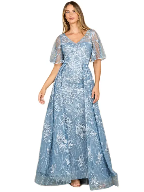 LARA NEW YORK Lace Gown With Overskirt And Cape Sleeves - Blue