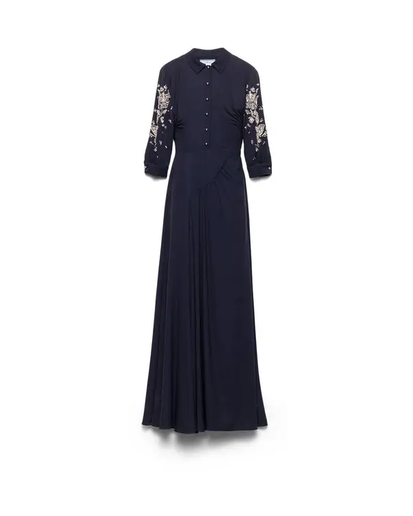Prada Long Embroidered Sablé Dress - Blue