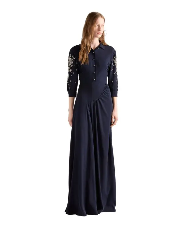 Prada Long Embroidered Sablé Dress - Blue
