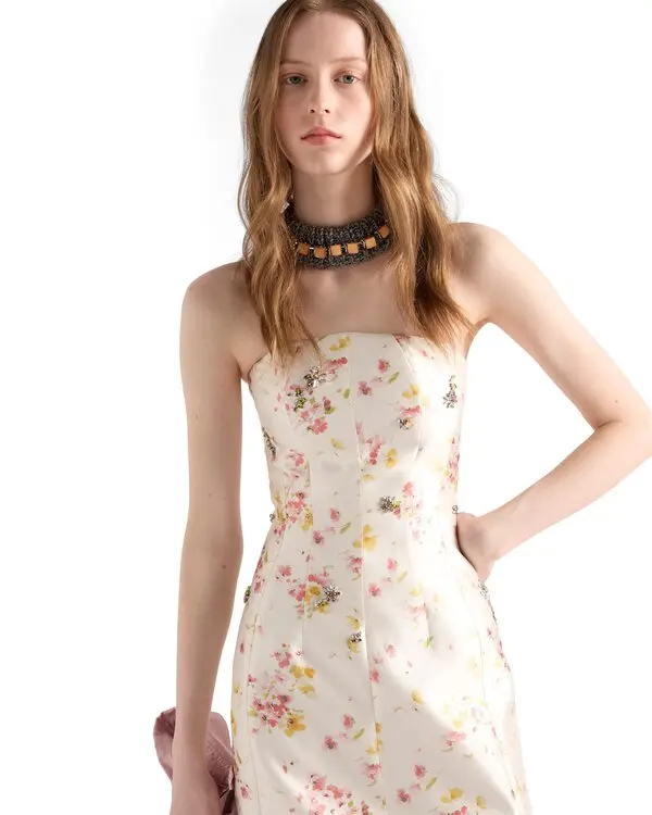 Prada Floral Print Silk And Wool Strapless Dress - Pink