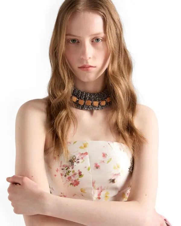 Prada Floral Print Silk And Wool Strapless Dress - Pink