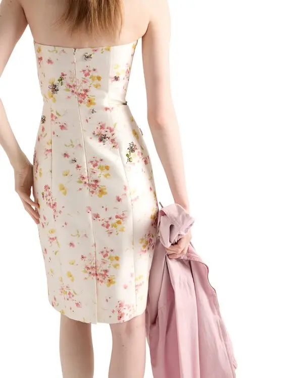Prada Floral Print Silk And Wool Strapless Dress - Pink